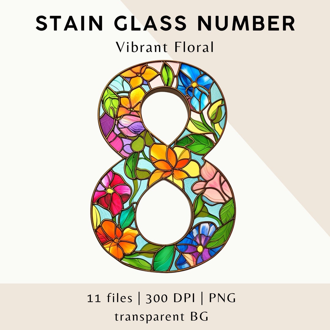 Stained Glass Digital Numbers Clipart, Vibrant Floral Mosaic Number PNG ...
