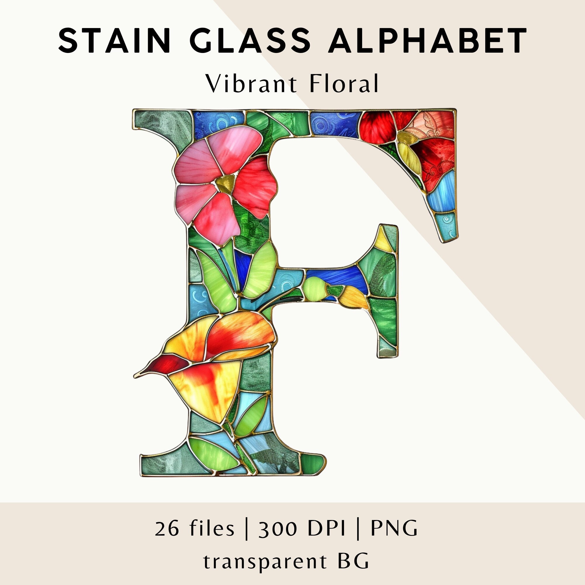 Stained Glass Alphabet PNG, Floral Digital ABC Clipart for Educational ...