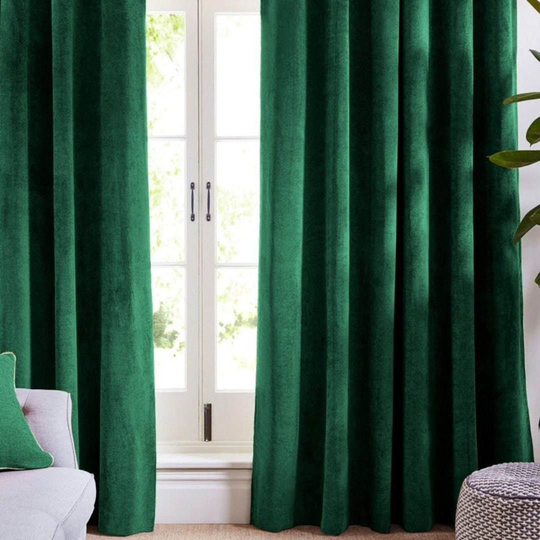 Premium Dark Forest Green Velvet Curtains and Emerald Drapes Natural ...