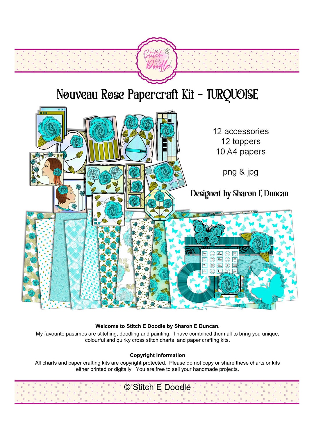 TURQUOISE Art Nouveau Rose Papercraft Kit. 34 Elements. PNG - Etsy UK