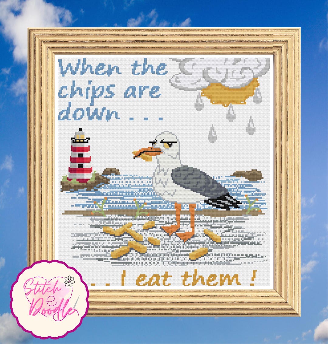 Comical Seagull Cross Stitch Chart: Chips Are Down (PDF & Pattern ...