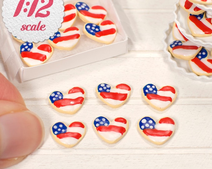 1:12 Miniature Cookies American Flag Hearts 6pc, One Inch Scale ...