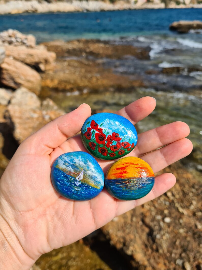 3 Hand Painted rocks stonepebble artgarden acrylic painting | Etsy