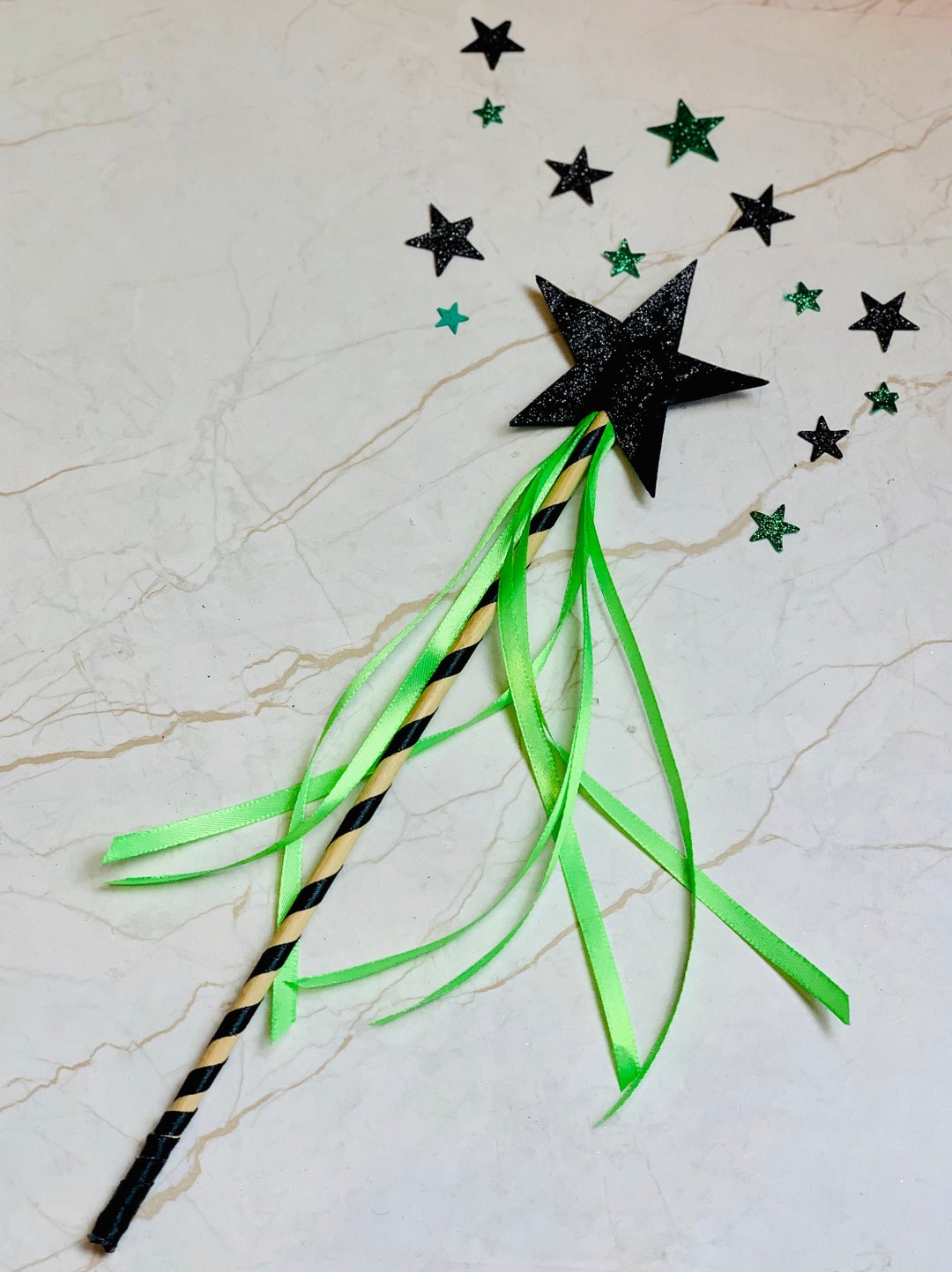 Halloween Wicked Witch Wand With Black Glitter Star and Green Ribbons ...