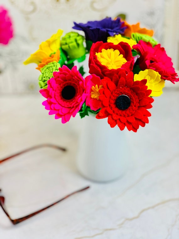 Rainbow Felt Gerbera Daisies Flower Arrangement with Cosmos | Etsy