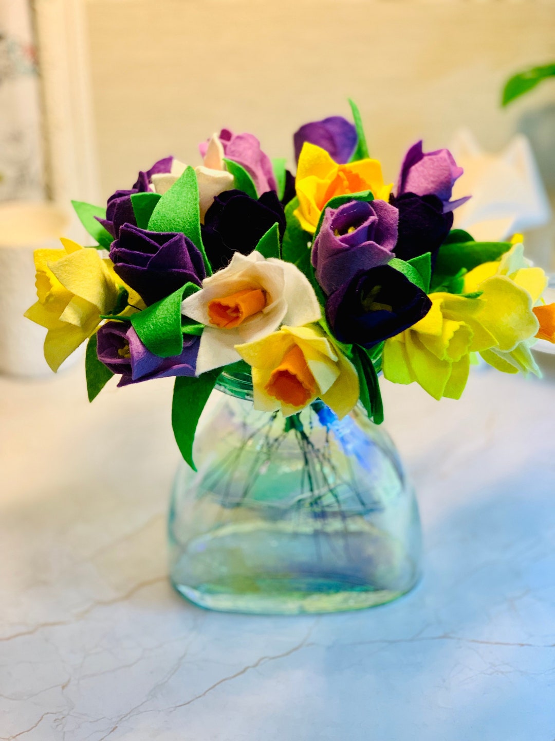 Flower Arrangement of Spring Felt Flowers - Daffodils and Tulips, Large ...