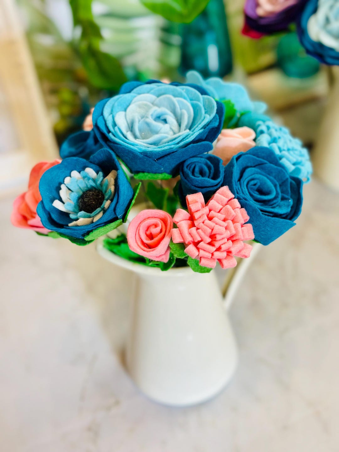 Teal/patina Blue and Pink Felt Flowers, Modern Home Decor - Etsy