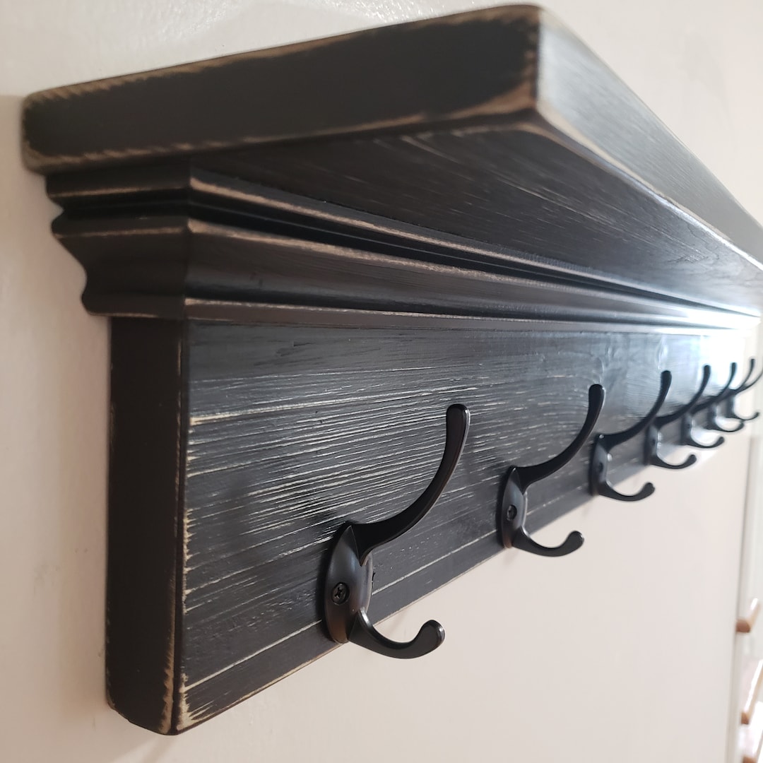 Wall Shelf With Hooks, Black Hooks, Bathroom, Coat Rack, Farmhouse ...