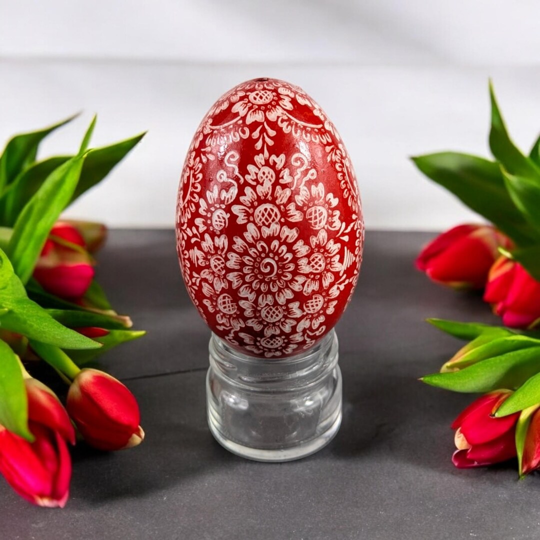 Red Easter Egg Art Decor: Colorful Pysanky Centerpiece Artisan Easter ...