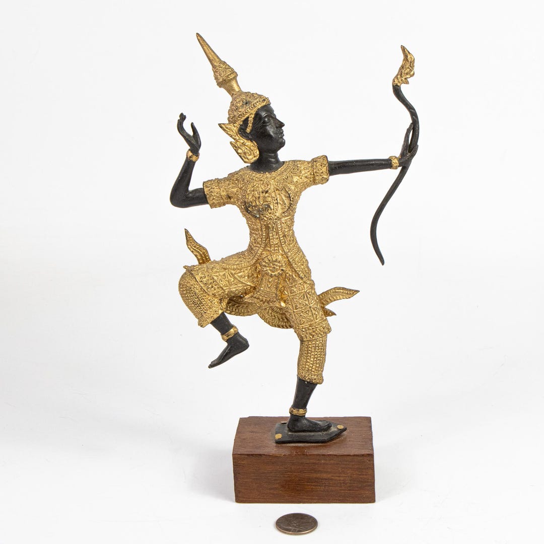 Vintage Thai Bronze Sculpture Statue of Rama With Bow on Wood Base - Etsy