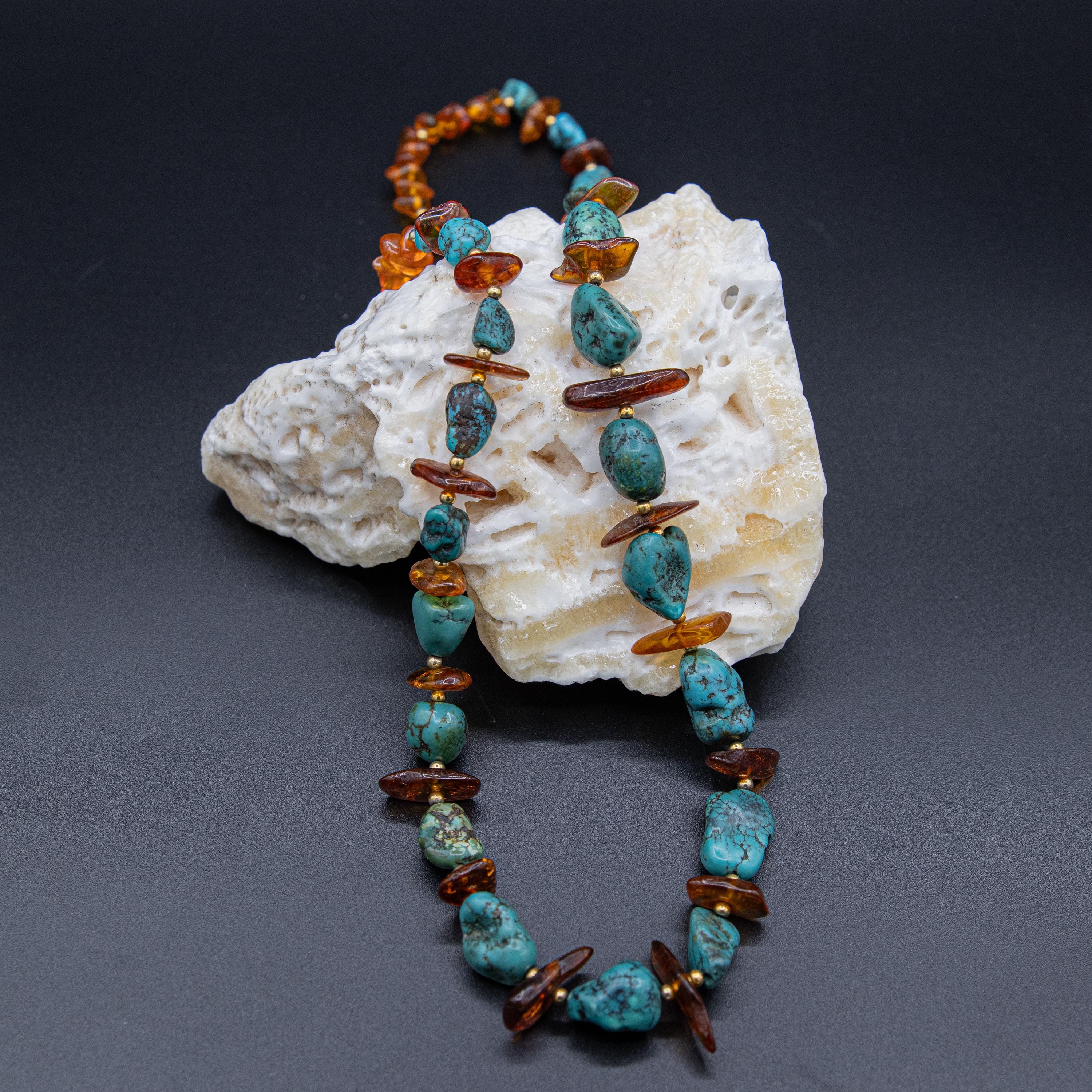 Southwestern Style Turquoise and Amber (copal) Necklace - 28" - Etsy