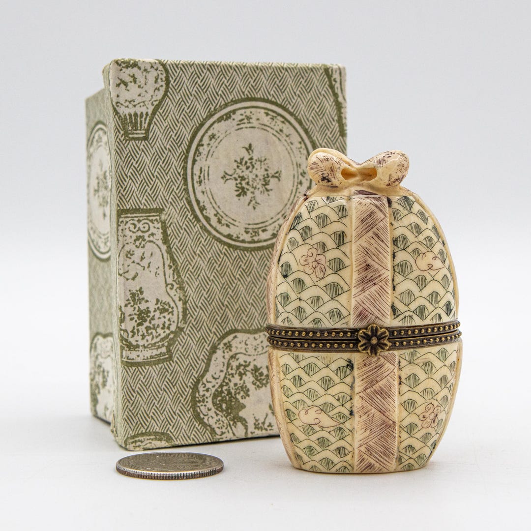 Vintage Chinese Hand Carved Bone Trinket Box With Ribbon - Etsy