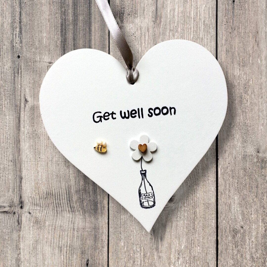 Get Well Soon Gift Wooden Hanging Heart Flowers in Vase Hospital ...