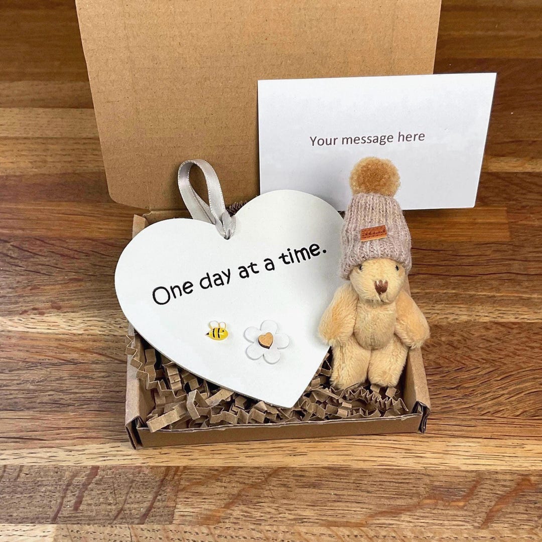 One Day at A Time Gift Box: Wooden Heart & Pocket Teddy Bear Hug - Etsy UK
