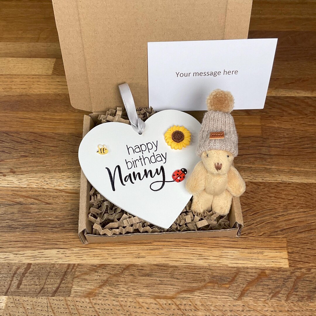 Birthday Gift Box for Nanny: Handmade Wooden Heart & Pocket Teddy Bear ...