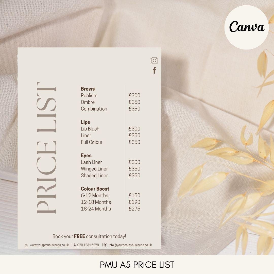 Clean & Minimalist A5 Price List Template for Permanent Makeup | DIY ...