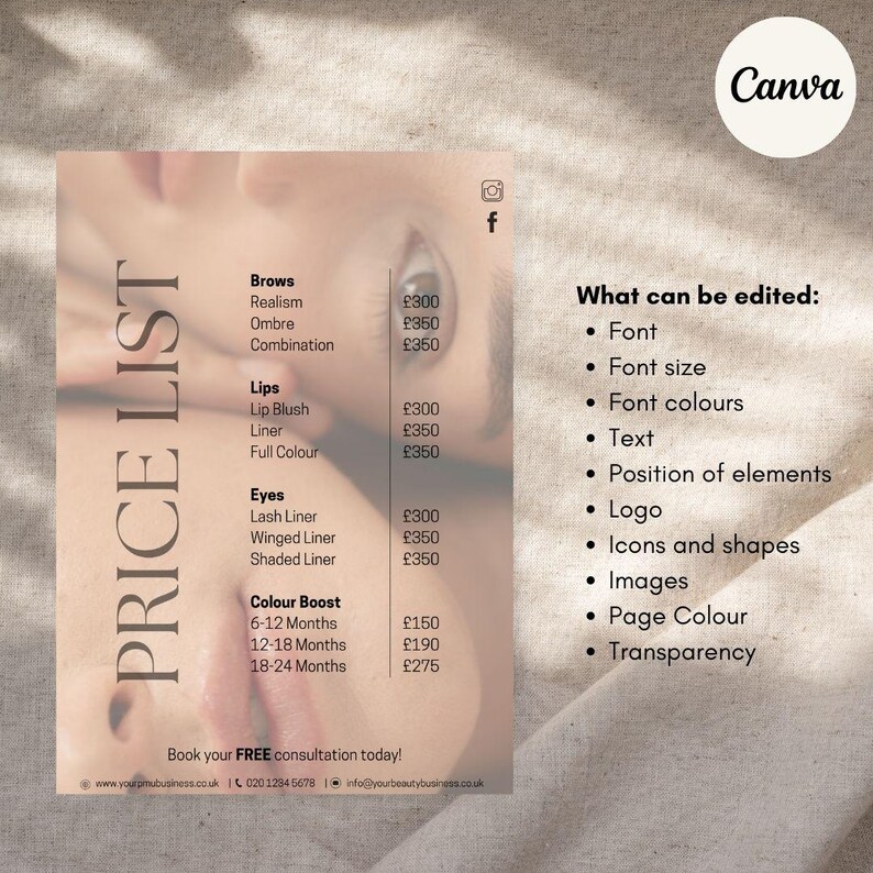 A5 Price List for Permanent Makeup Artists Light Aesthetic PMU ...