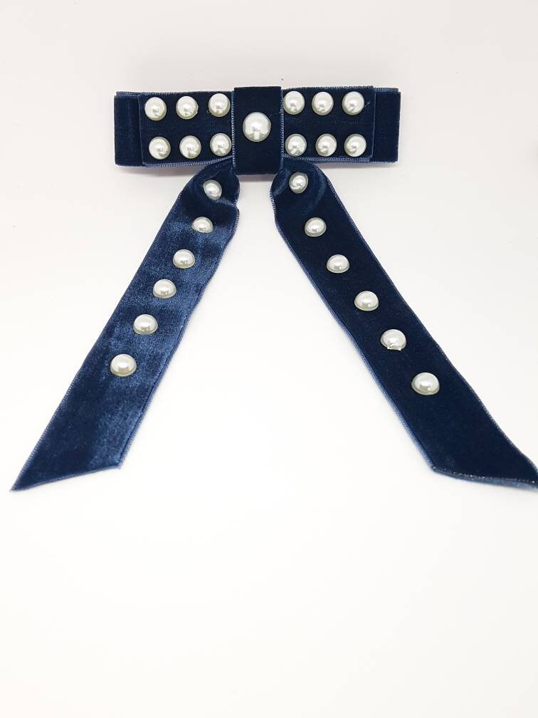 Blue Velvet French Hair Barrette Velvet Long Bow Embellished | Etsy UK