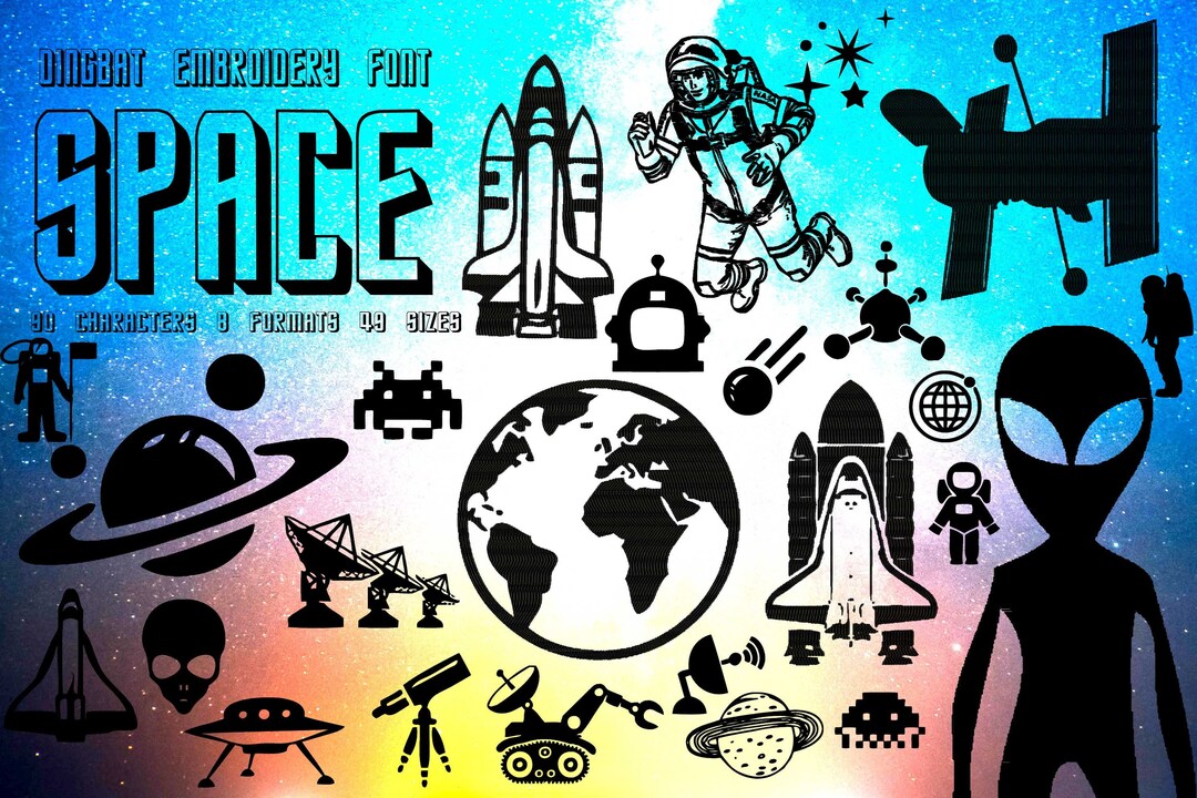 Space Dingbat Embroidery Font, Spacecraft Embroidery, Planets ...