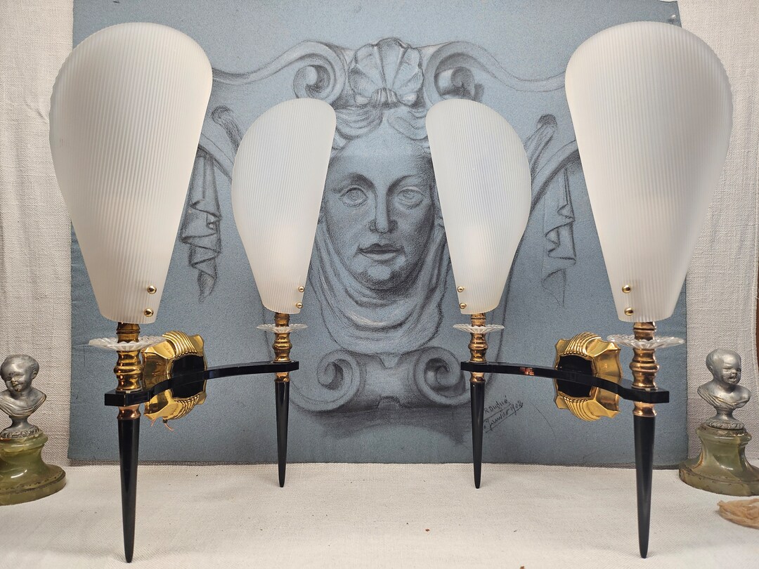 Pair of Double Wall Lights in Perspex and Brass. Made in France 1950s ...