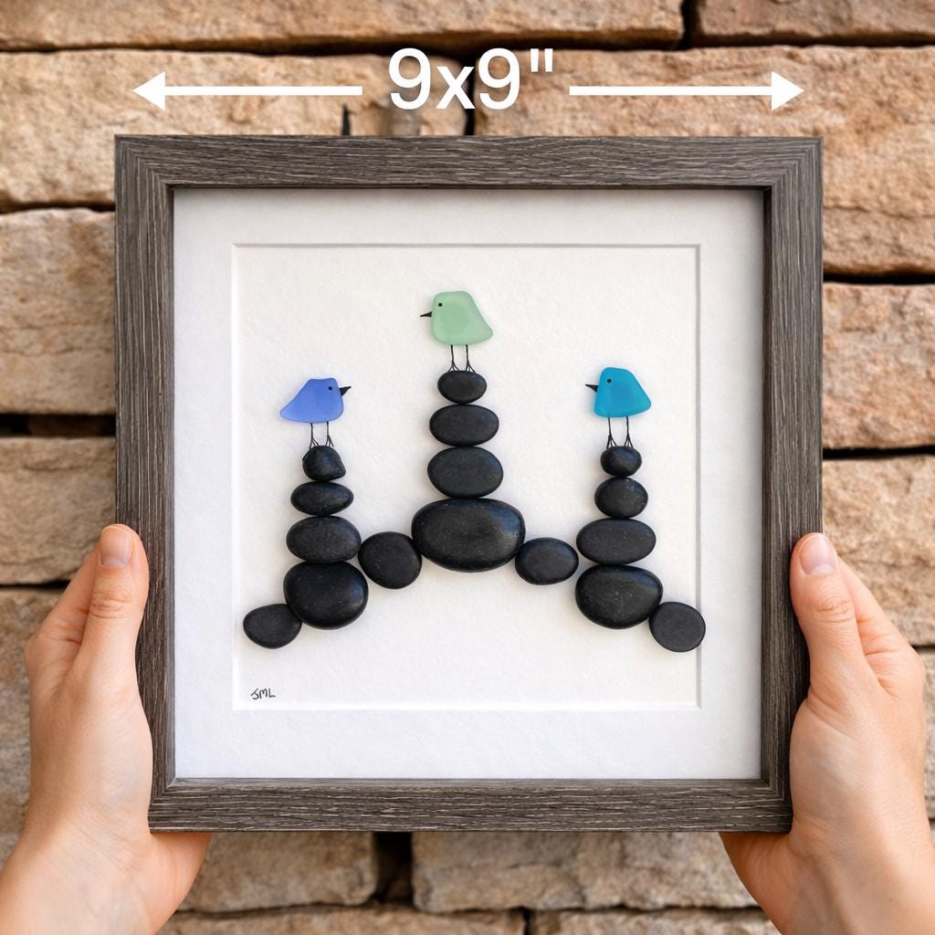 Sea Glass Birds on Rock Cairns, 8 X 8” Framed Original Handmade Artwork ...