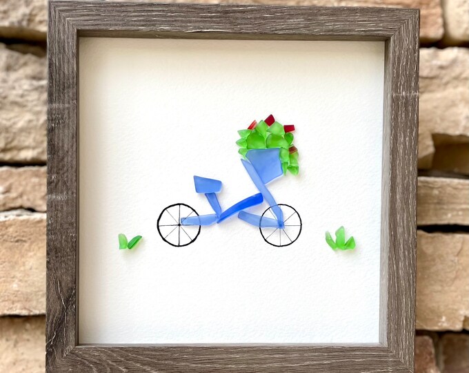 Sea Glass Bicycle With Basket of Flowers - Framed - Handmade - Perfect ...