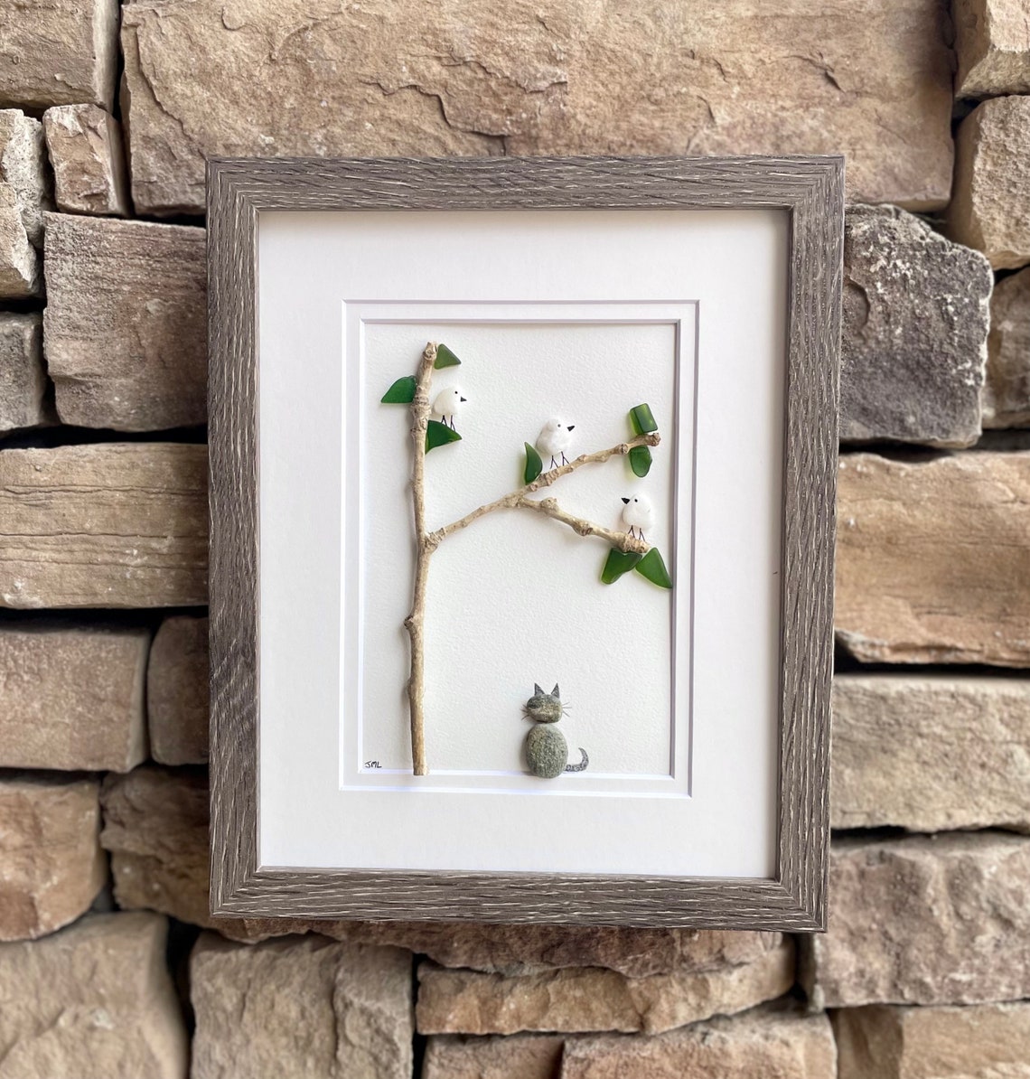 Pebble Art Cat Watching Birds, Framed Sea Glass and Driftwood, 8x10 - Etsy