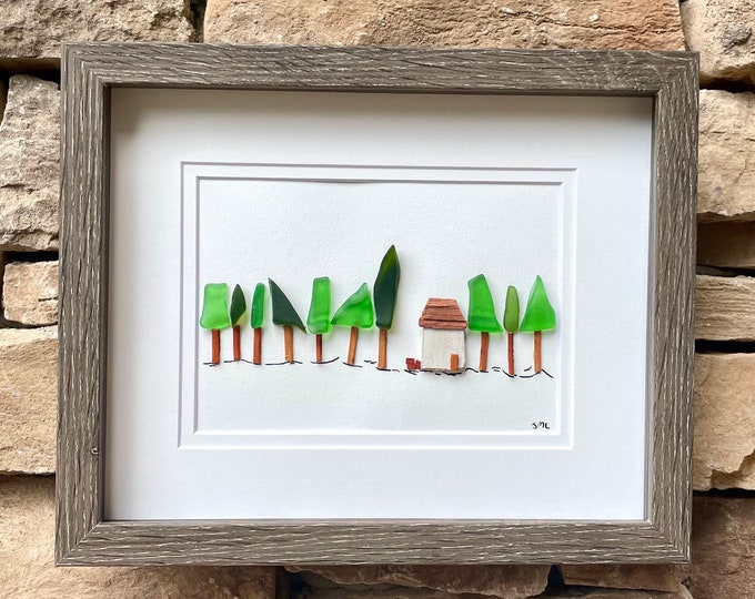 Wooden House in Sea Glass Forest 8x10 Framed Handmade Artwork, Summer ...
