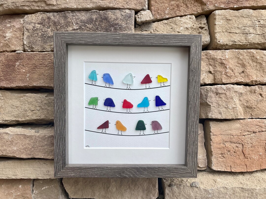 Rainbow Sea Glass Birds Sitting on Power Lines, Original Handmade ...