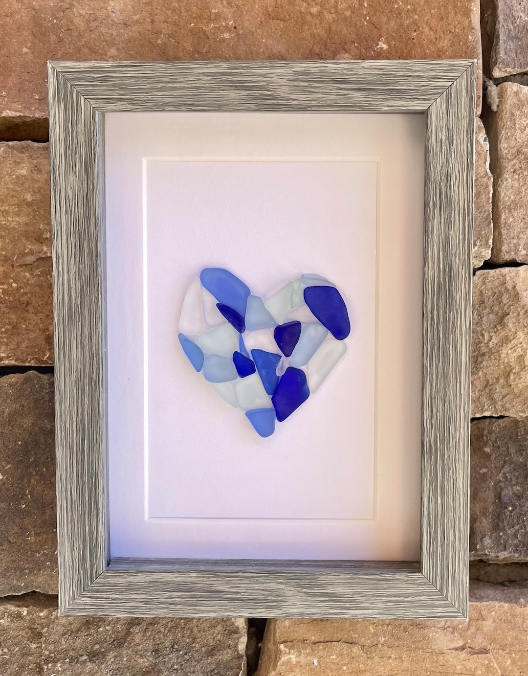 Sea Glass Love Heart in Shades of Blue, Framed 5 X7” Original Artwork ...