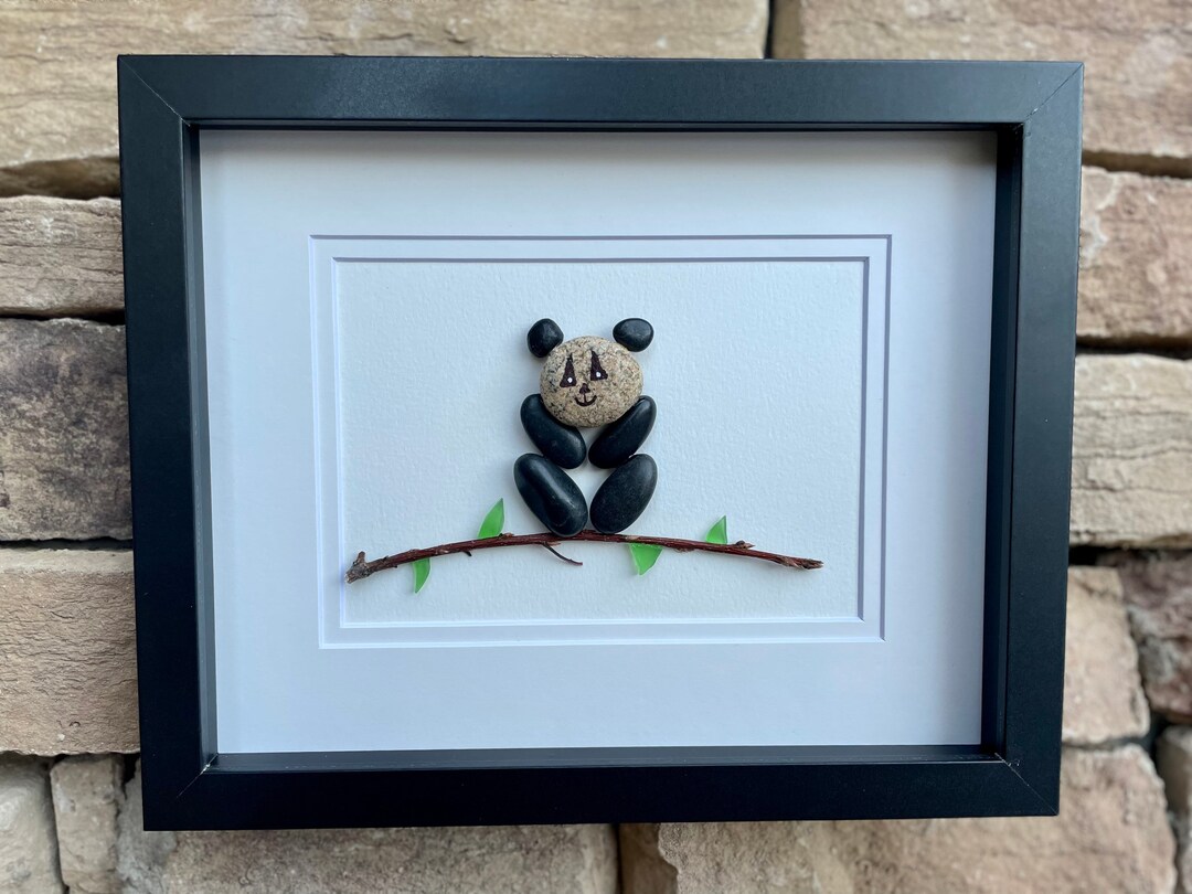 Panda Bear Original Framed Pebble Art, 8 X 10 Handmade Animal Artwork ...