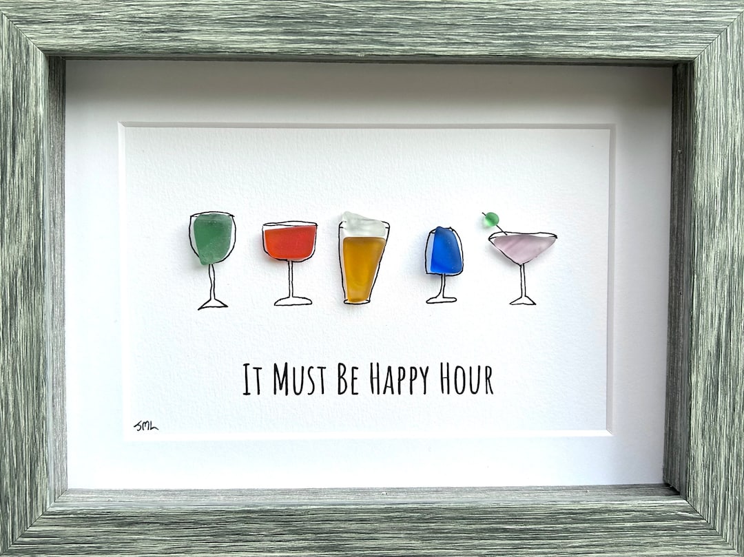 Happy Hour Sea Glass Art, 5x7 Framed Handmade Picture, Bar Decoration ...