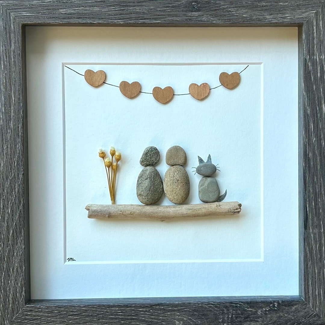 Couple With Cat Pebble Art, 9x9 Framed Picture, Personalized Pet ...