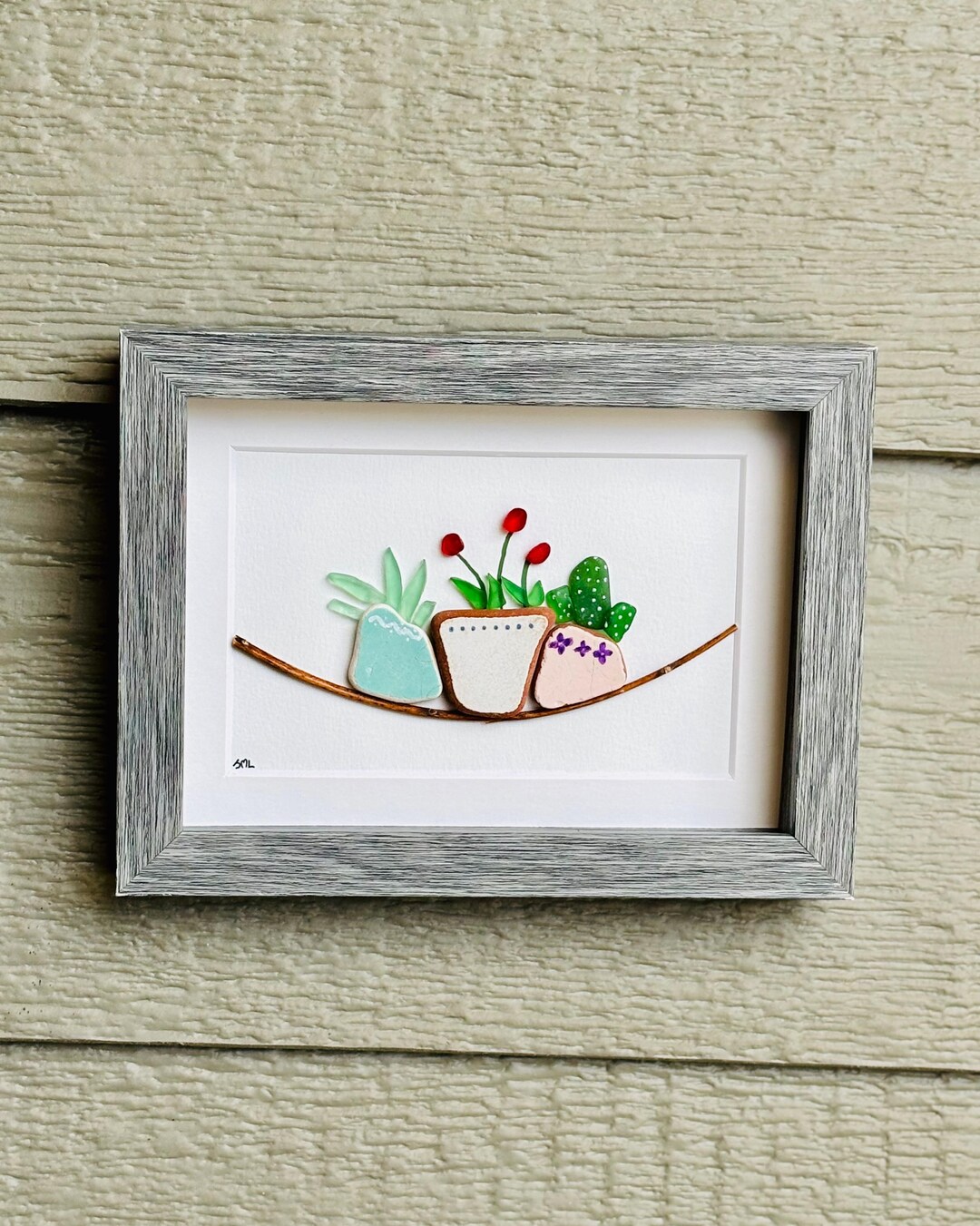Handmade Sea Glass Pebble Plant Art - Framed Garden Scene - Etsy