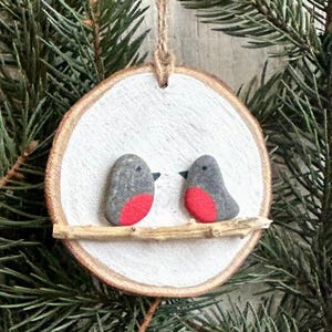 Handmade Robin Pebble Art Christmas Tree Ornaments, One and Two Robins ...