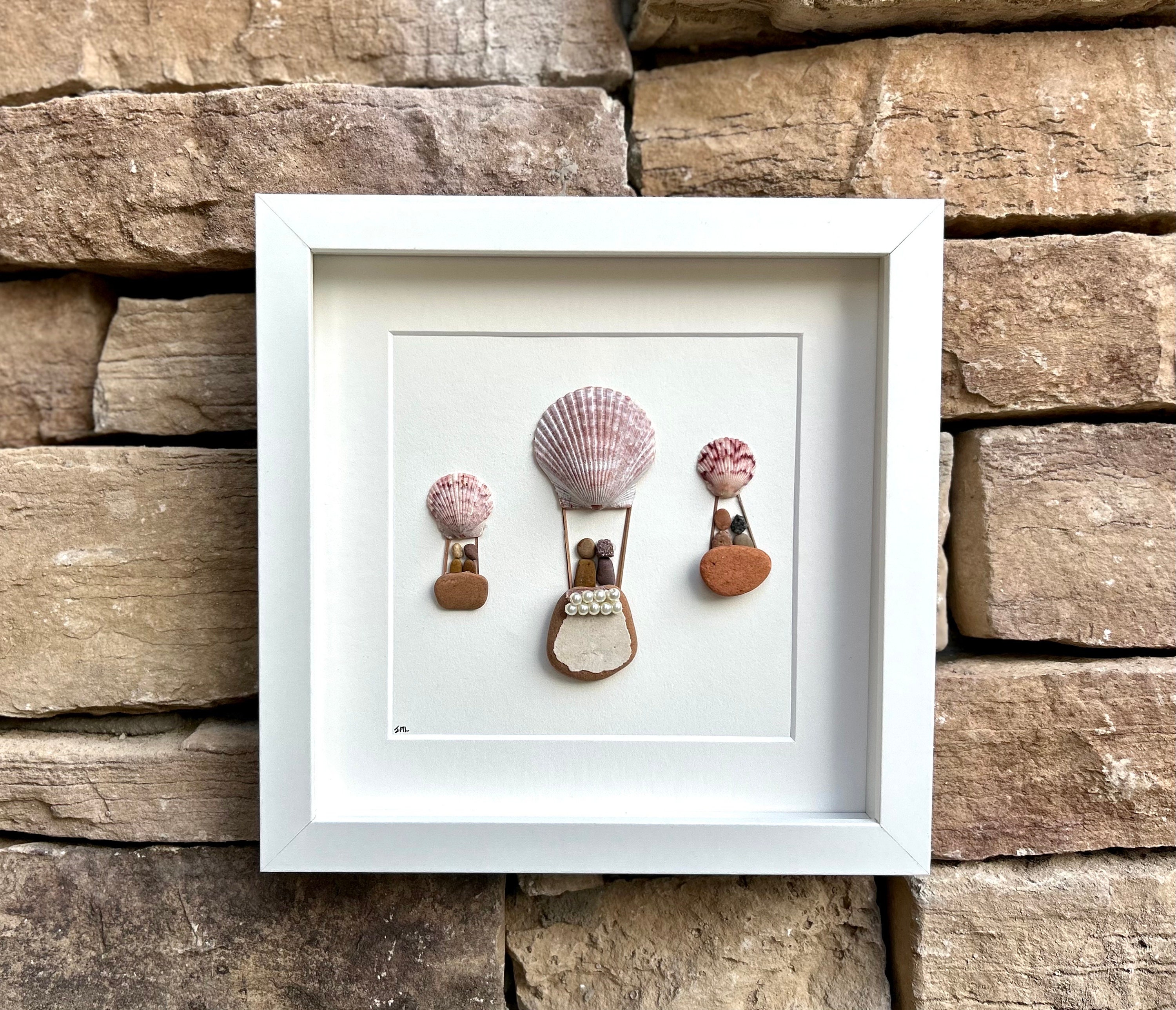 Hot Air Balloon Pebble Art, Shell Accents, Framed Natural Art (9x9) - Etsy