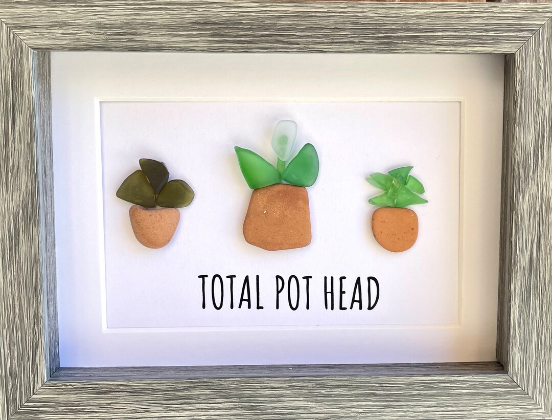 Total Pot Head Sea Glass Art, 5x7 Framed Gift for Gardener, Plant Lover ...
