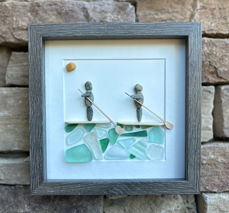 Paddle Boarders Framed 9x9 Sea Glass & Pebble Artwork, Handmade Gift ...