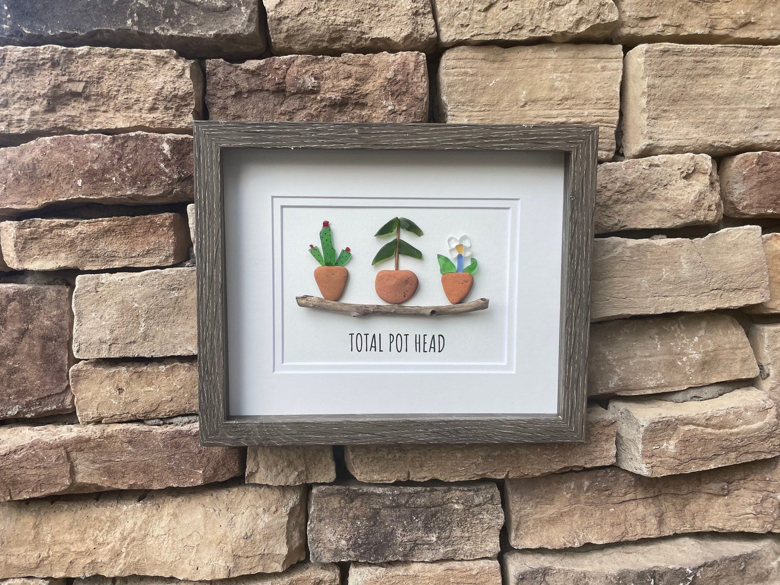 Total Pot Head Sea Glass Art, 8 X 10” Framed Gift for Gardener, Plant ...