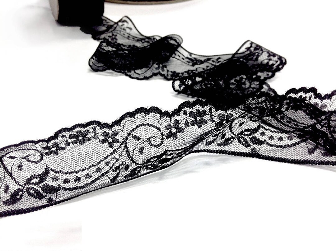 Calais Lace, Rachel, Black, 50 Mm Wide, Right Edge and Shell, Floral ...