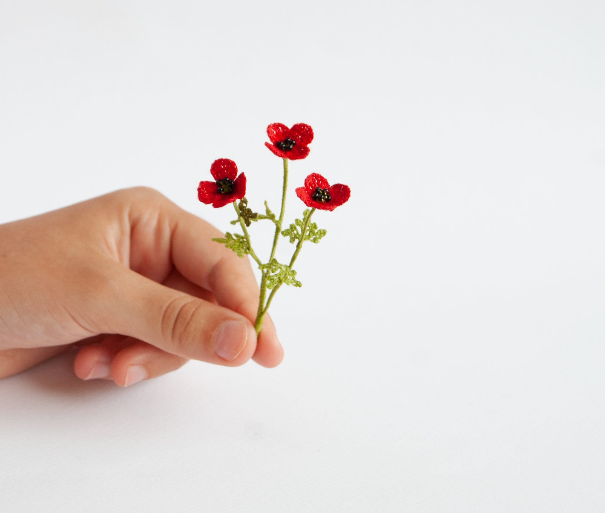 Branch of 3 Poppy Flowers and Green Leaves Crochet Poppy Tiny Crochet ...