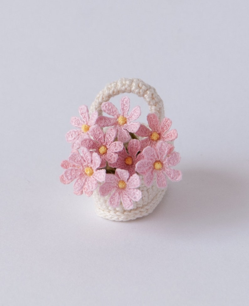 Miniature Pink Daisies Flowers Bouquet Miniature Basket Tiny Crochet ...