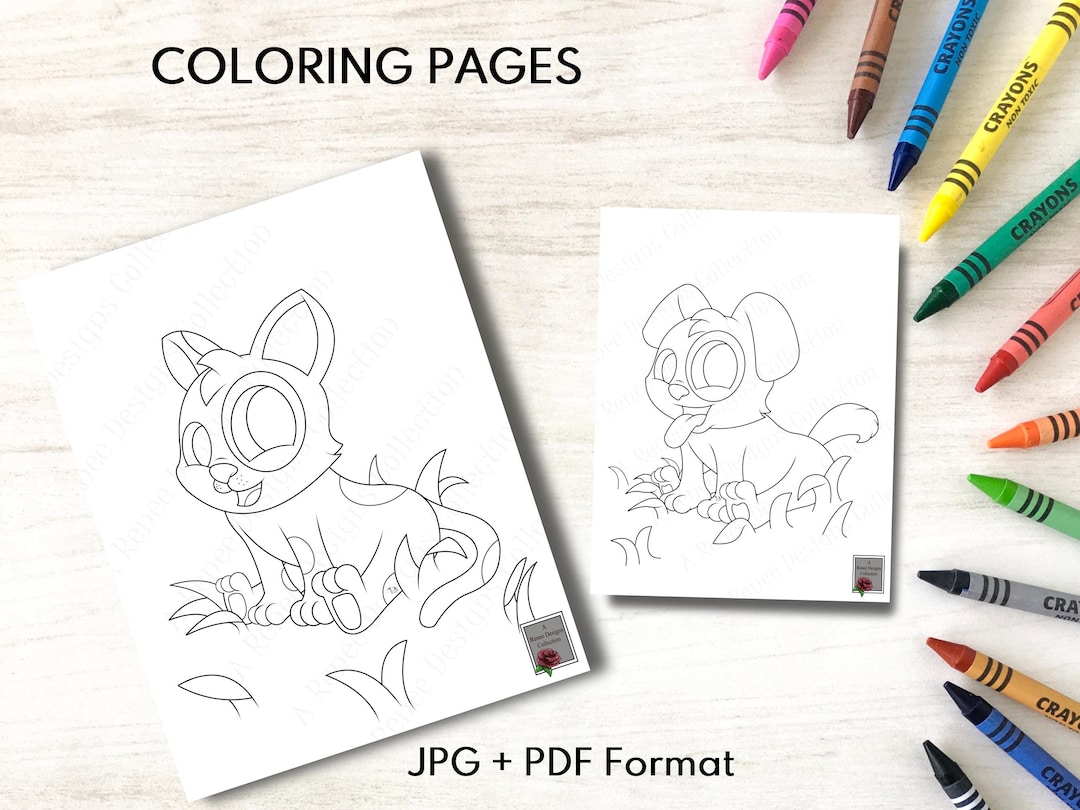 Cat & Dog Coloring Pages: Kids' Printable Animal Art (PDF Download) - Etsy