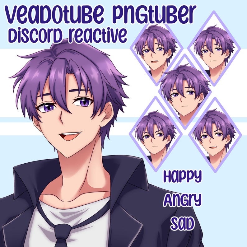 Male Pngtuber | Purple Hair | 3 Expressions | Discord Reactive ...