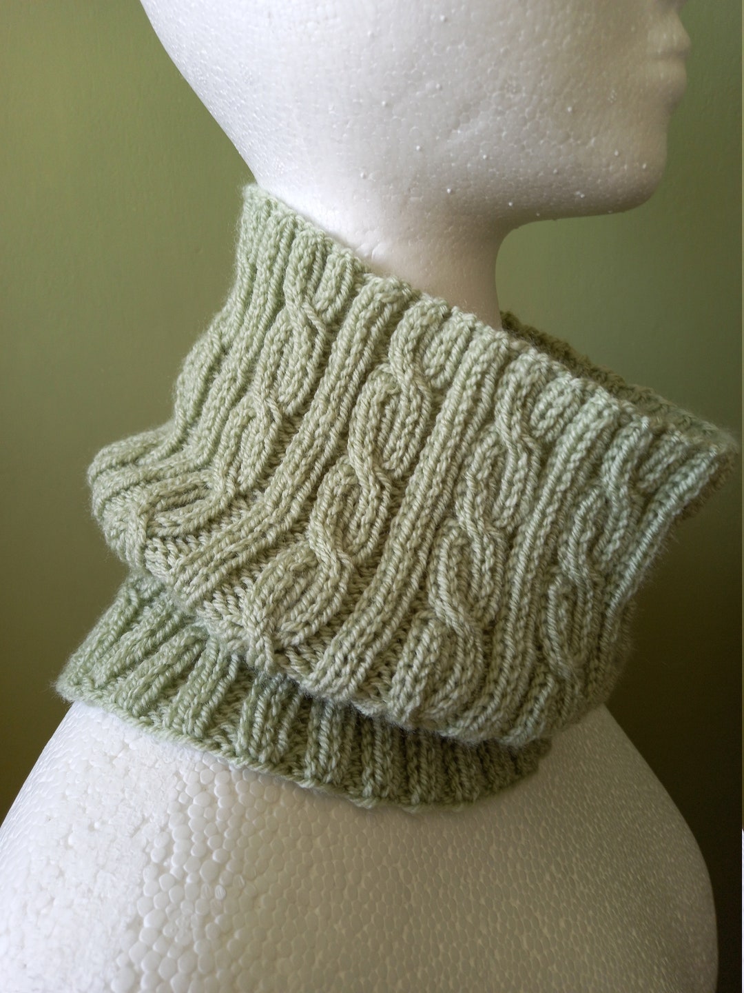 Stylish Cabled Cowl / Snood Hand Knitted in Pale Green Acrylic - Etsy
