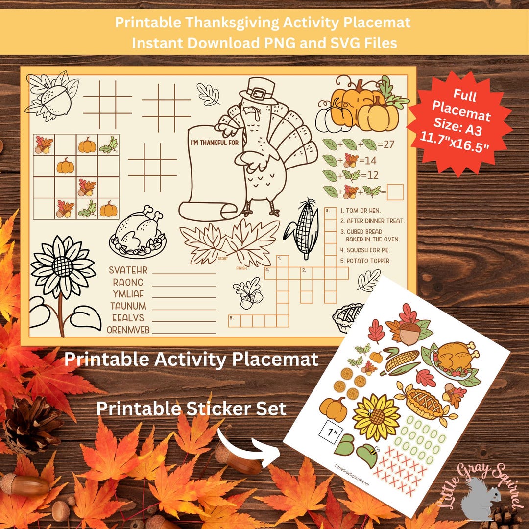 Kid's Printable Thanksgiving Dinner Activity Placemat With Stickers ...