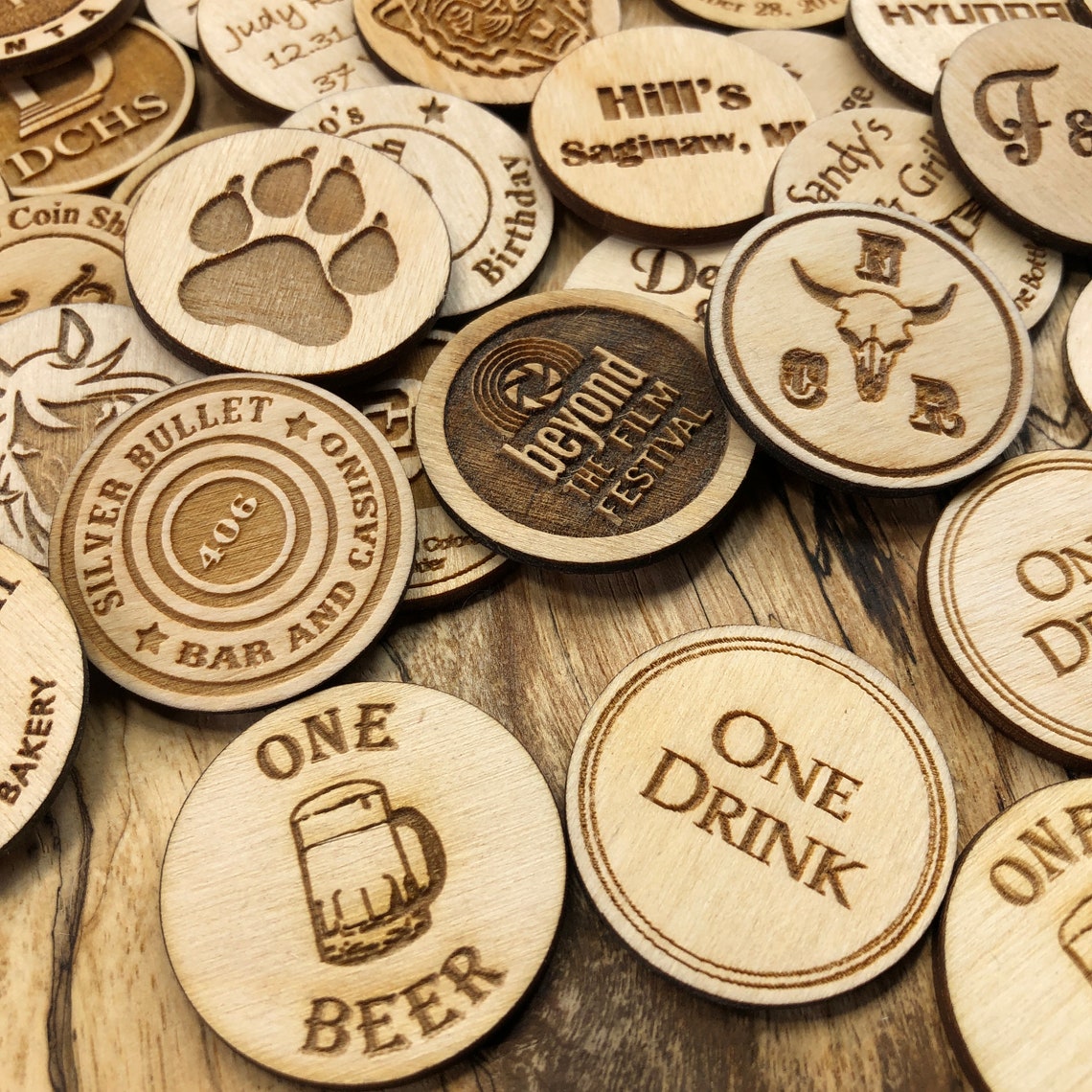 100 Custom Drink Tokens laser Engraved - Etsy