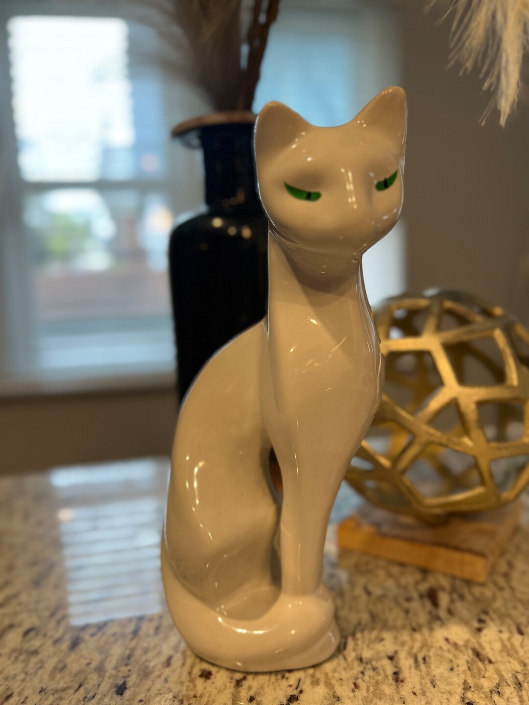 Vintage MCM Tall Sleek Modern White Ceramic Green Eye Cat Figurine - Etsy