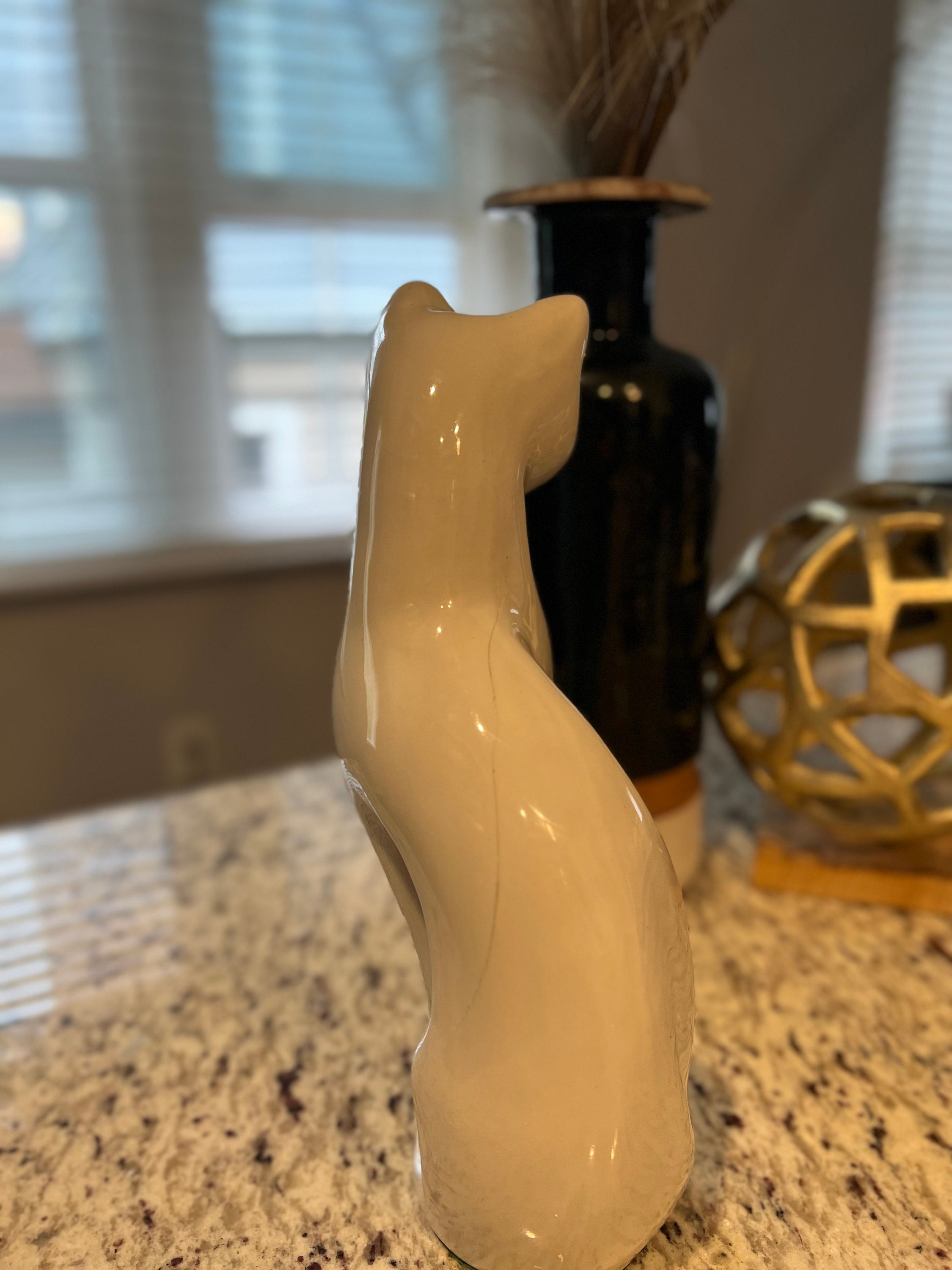 Vintage MCM Tall Sleek Modern White Ceramic Green Eye Cat Figurine - Etsy