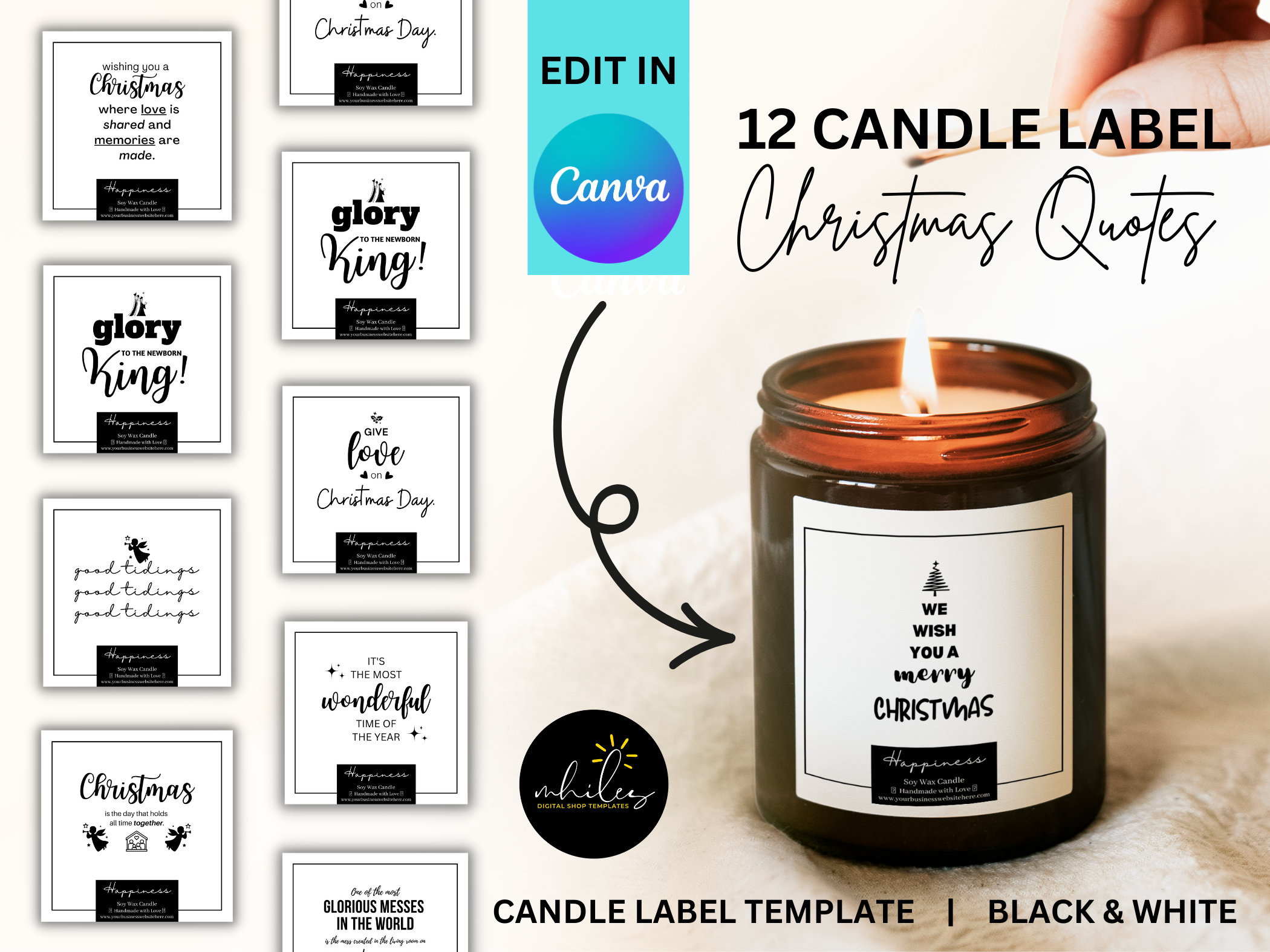 12 Christmas Quotes Candle Label Design Template, Editable Canva ...